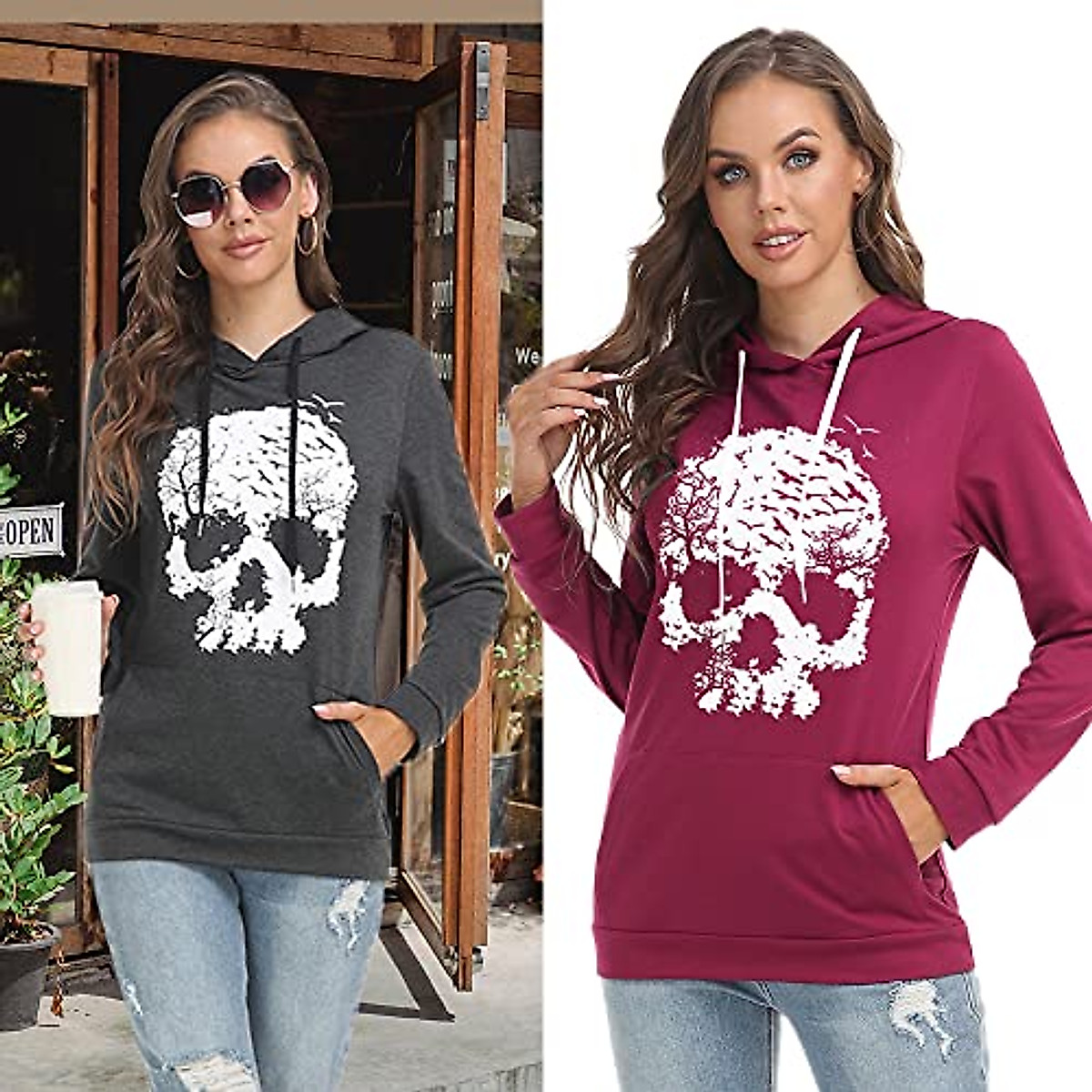 Calvin&Sally Women's Casual Lightweight Hoodies Long Sleeve Skull Graphic Tee Shirts Drawstring Pullover Hoodie Sweatshirts Tops with Pocket (Grey,XL)