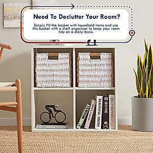 Ornavo Home Wicker Storage Cubes Bin, 13 x 13 Inch Storage Cubes Shelf Basket Collapsible Natural Hand Woven Paper Kallax Storage Cube Bin with Handles - Set of 4, White/Brown