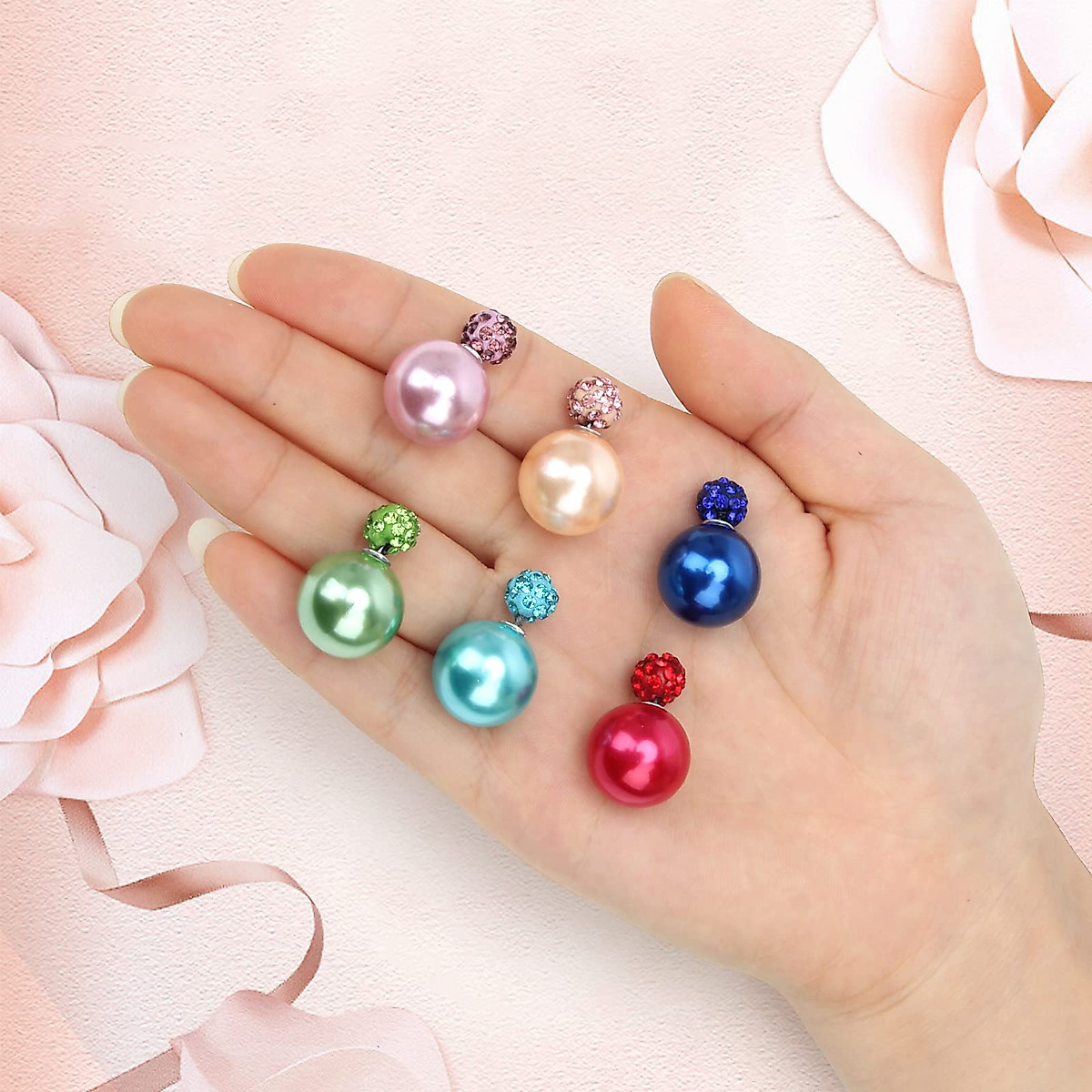 AHIER 9 Pairs Bling Rhinestone Polymer Clay Studs Pearl Button Earrings, Double Ball Earring, Jewelry Piercing Ear Ring