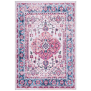 SAFAVIEH Serapi Collection Machine Washable 4' x 6' Ivory/Light Blue Boho Chic Oriental Medallion Living Room Bedroom Dining Area Rug