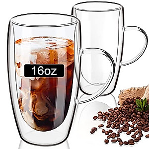 PARACITY Double Wall Glass Coffee Mugs 16oz with Handle, Coffee Cups Set of 2, Clear Borosilicate Glass Coffee Mugs, Perfect for Cappuccino, Latte, Espresso, Hot Beverage, Tea