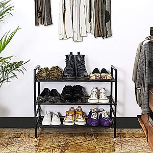 homtuzan Stackable Shoes Rack Storage Shelf- 3-tier or 6 tier Large Wire Grid Shoe Rack Organizer, Metal Space Saving Shoe Shelf, Expandable & Adjustable Shoe Shelf (Black, 3 tier)