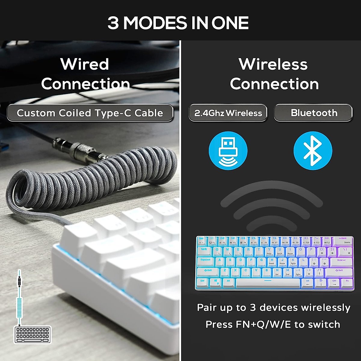 RK ROYAL KLUDGE RK61 60% Mechanical Keyboard with Coiled Cable, 2.4Ghz/Bluetooth/Wired, Wireless Bluetooth Mini Keyboard 61 Keys, RGB Hot Swappable Red Switch Gaming Keyboard with Software - White