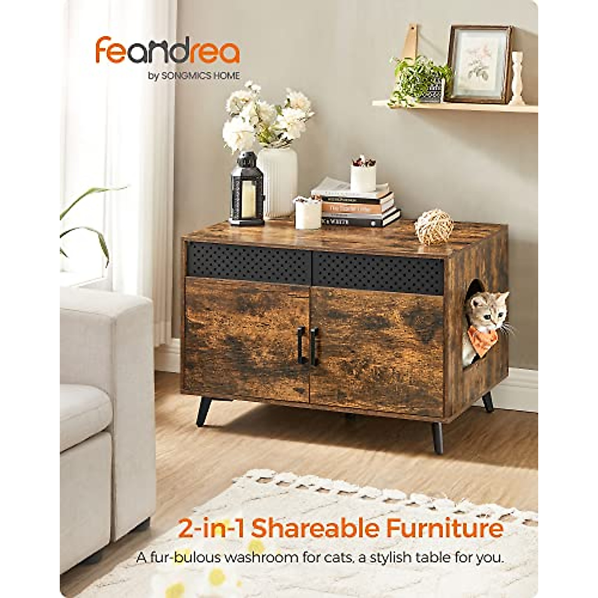 FEANDREA Litter Box Enclosure, Cat Litter Box Furniture Hidden, with Removable Divider, High Legs, Cat House for Indoor Cats, Side End Table, 31.5 x 19.7 x 21.7 Inches, Rustic Brown UPCL006X01