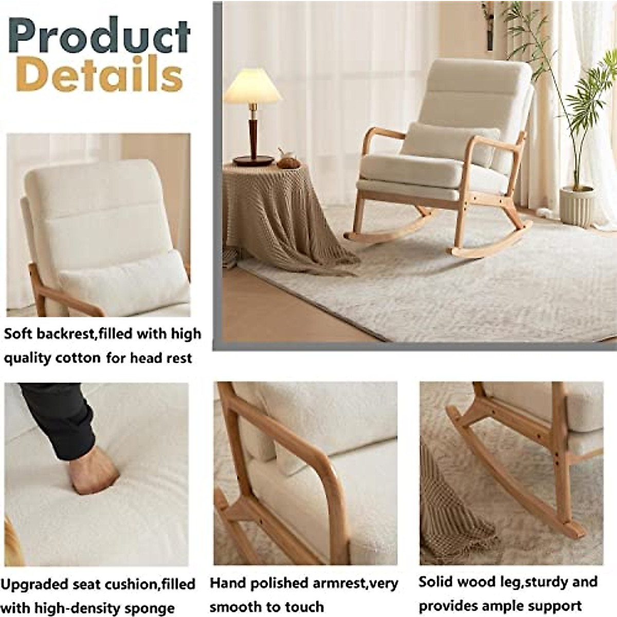 pazezog Rocking Chair,High Back Mid-Century Modern Accent Chair,Nursery Rocking Chair with Wooden Armrest,Upholstered Glider Rocker with Lumbar Pillow for Living Room