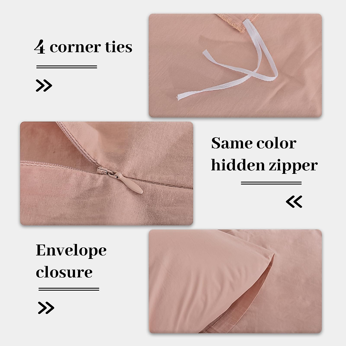 NEXHOME PRO Duvet Cover Set Queen Size Linen Feel Textured Organic Natural 100% Washed Cotton Duvet Cover 3 Pieces Bedding Set with Zipper Closure, Breathable, Soft, Pink (No Comforter)