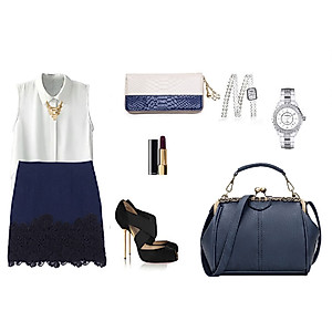 Abuyall Women Small Retro Kiss Lock Pu Leather Vintage Purses and Handbags Tote Bags Navyblue