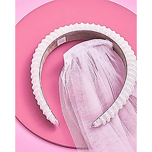 xo, Fetti Bachelorette Party Decorations Pearl Headband with Detachable Veil | White Headpiece Bridal Shower Gift, Bridesmaid Favors