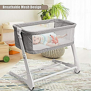 BABY JOY Baby Bassinet, Bedside Sleeper w/Wheels, Mattress & Cover, Straps, Mesh, 100lbs Weight Capacity, 8 Height Adjustable for Bed Sofa, Lightweight Bedside Bassinet for Baby Newborn Infant, Gray