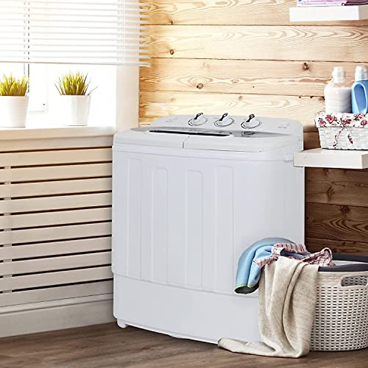 JupiterForce Portable Compact Mini Twin Tub Washing Machine Portable Laundry Machine 13lbs Capacity w/Washer and Spinner Cycle Combo, Built-in Gravity Drain for Apartments, Dorms, Bathroom, Laundry and More