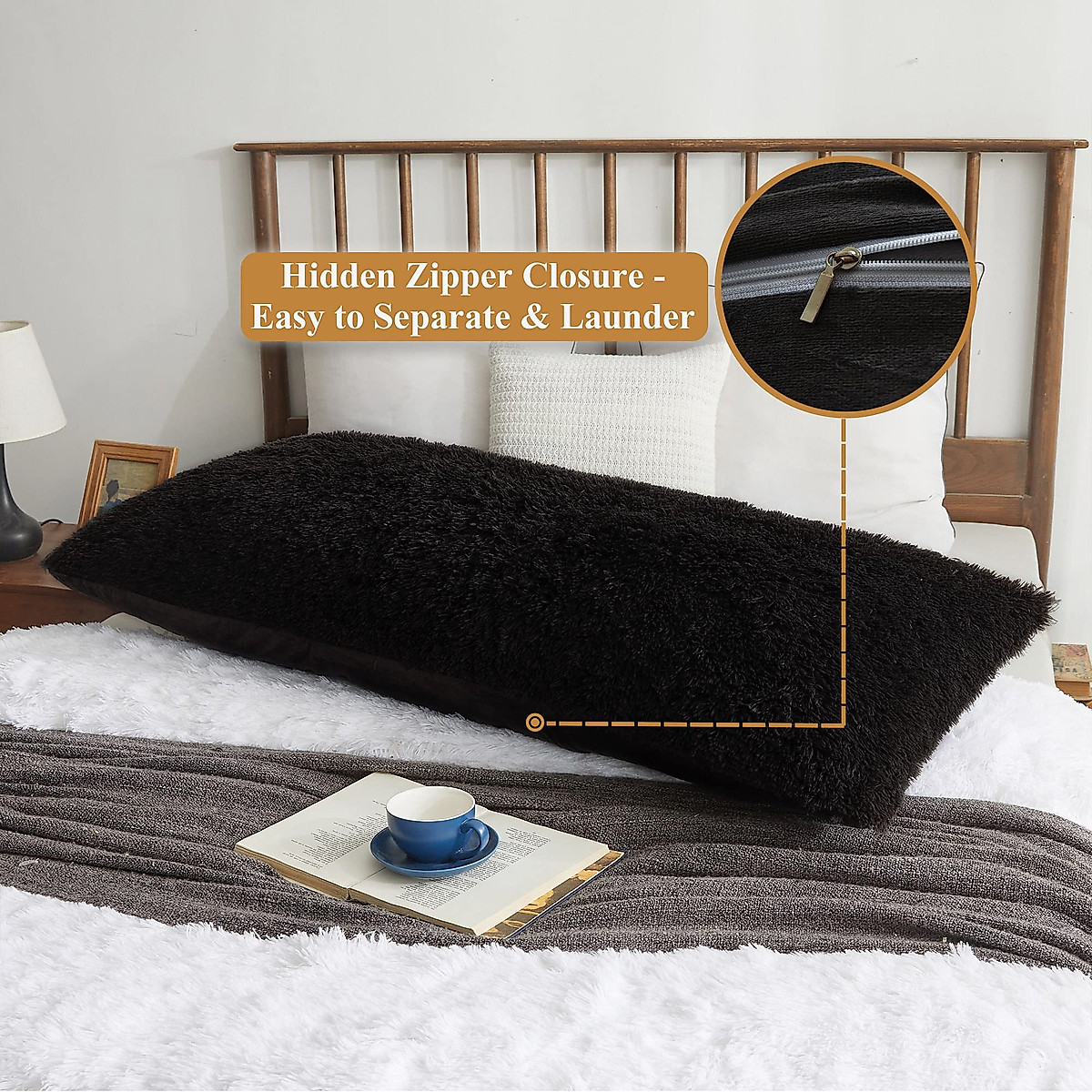 XeGe Soft Plush Body Pillow Cover, 20x54 Big Fluffy Body Pillowcase, Boho Faux Fur Fuzzy Long Decorative Pillow Sham for Bedroom Sofa Couch, Solid Shaggy Throw Bed Pillow Case Black