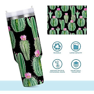ODAWA 40oz Travel Insulated Tumblers with Straw and Handle, Cacti Pink Flowers Black Double Wall Insulated Tumbler