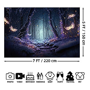 MOONDECO Photography Backdrop 7x5ft Butterfly Wonderland Forest Road Birthday Background Children Bluey Party Photo Booth Props Fire Fly Lamp Light Decorations