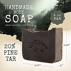 Natural Pine Tar Soap for Men and Women, 4 oz Bar, 20% Pine Tar - Handmade Body Soap to Help Relieve Symptoms of Eczema and Psoriasis - Creosote Free - Strong Smoky Campfire Like Scent