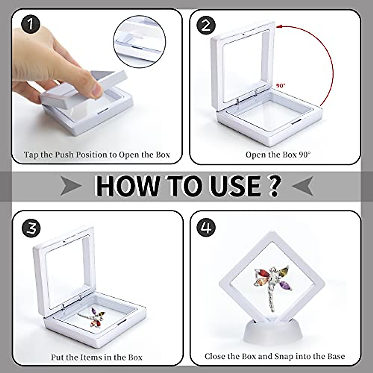 KMOTASUO 12Pcs 3D Floating Thin Film Jewelry Storage Box, Transparent Frame Display Case Holder for Necklace Bracelet Earring, Dustproof Challenge Coin Medallion Display Case Stand (White)