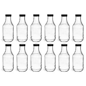 North Mountain Supply 16 Ounce Glass Sauce Bottle - with 38mm Black Plastic Lids - Case of 12