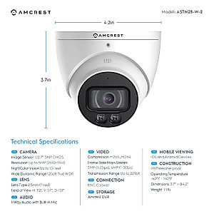 Amcrest Analog 5MP NightColor Outdoor Security Camera, Turret 5MP @ 25fps, CCTV-Coax-BNC, 131ft Full Color Night Vision, Mic, 112° FOV (Not an IP Camera) (DVR Required, Not Included) (AT5N28-W)