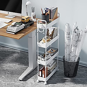 SOLEJAZZ Slim Storage Cart, 4 Tier Bathroom Organizer Mobile Shelving Unit, Rolling Utility Cart Slide Out Organizer for Kitchen, Bathroom, Laundry, Narrow Places, White