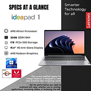 Lenovo IdeaPad Laptop for College Students, 15.6 Inch HD Display, AMD Athlon Silver 3050U Processor, Windows 11 Home, 20GB RAM, 1TB SSD, 128GB eMMC, Webcam, HDMI, WiFi 6, USB Type-C, Cloud Grey, PCM