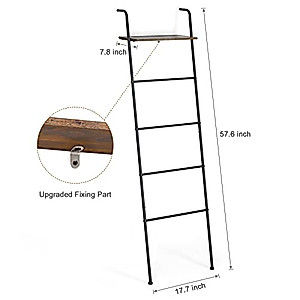 smusei Towel Blanket Ladder Wall Leaning Industrial 5 Tier Ladder Shelf for Towel with Wood Shelf Modern Metal Standing Bath Towel Storage Shelf for Bathroom, Living Room, Black