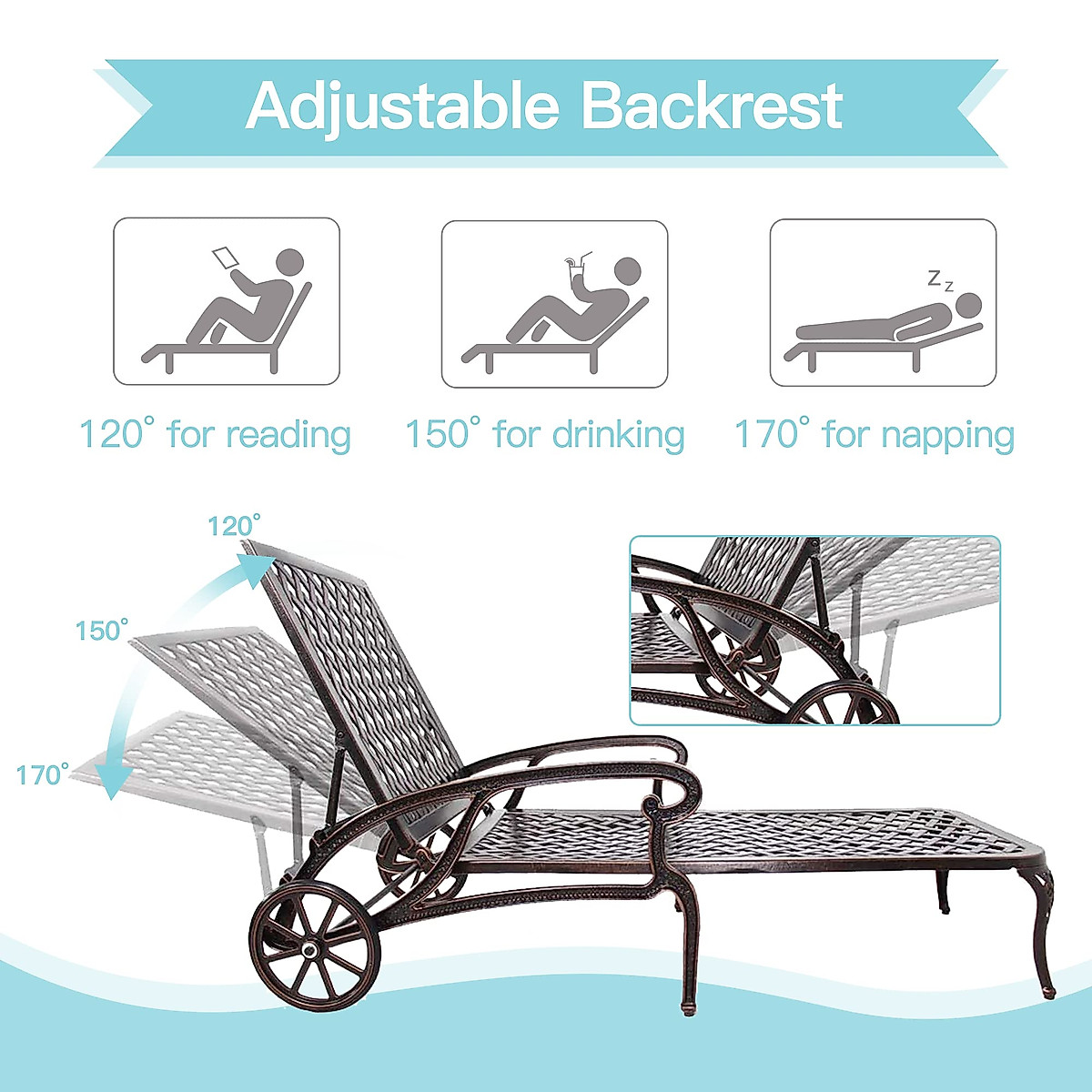 HOMEFUN Chaise Lounge Chair Outdoor, Pool Lounge Chairs Set of 2 Cast Aluminum Tanning Chairs with Adjustable Backrest and Moveable Wheels, Bronze