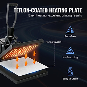 VEVOR Heat Press Machine, 15x15in / 38x38cm, Clamshell Sublimation Transfer Printer with Teflon Coated, Digital Precise Heat Control, Silica-Gel Sponge Powerpress for T-Shirt Bag Pad, Black