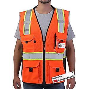 Neopelta Reflective Safety Vest Orange Mesh, Made with 3M Reflective Tape, Heavy Duty Vest with ID pocket, iPad Pocket, Padded Neck, Orange L