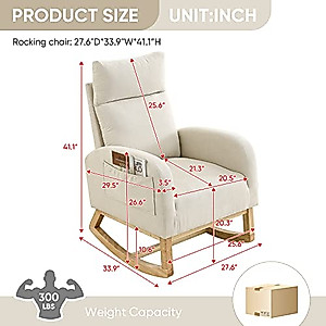 Antetek Rocking Glider Chair for Nursery, Modern Fabric Accent Rocker Chair Upholstered Tall Back Arm Chair w/Side Pockets, Modern Leisure Single Sofa for Living Room, Hotel, Bedroom, Office, Beige