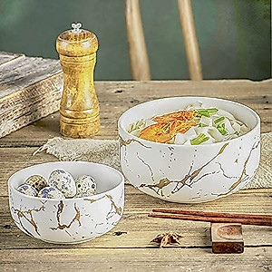 LUCCK Ceramic Cereal Bowl Marble Soup Bowl 17 OZ Ceramic Rice Bowl Luxury Gold Inlay Dessert Bowl Microwave and Dishwasher Safe for Oatmeal Snack (White)