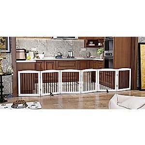 PUPETPO Freestanding Pet Gate for Dogs, Foldable Wooden Dog Gate for House, Extra Wide Dog gate, Indoor Dog Gate for Stair, Doorway, Hall, Support Feet Included, 120 Inch Wide, 6 Panels 24", White