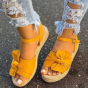 Bravetoshop Women's Wedge Sandals Platform Espadrilles with Ankle Strap Open Toe Bowknot Summer Beach Sandal Shoes (Yellow,5.5 US)