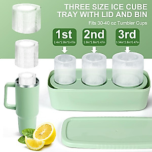Ice Cube Tray for 20-40oz Tumbler Cup, 3pcs Large Silicone Cylinder Ice Cube Molds for Freezer, Ice Maker With Lid and Bin, Ice Drink, Juice, Whiskey, Chilling Cocktail, Tea, Coffee (Green)