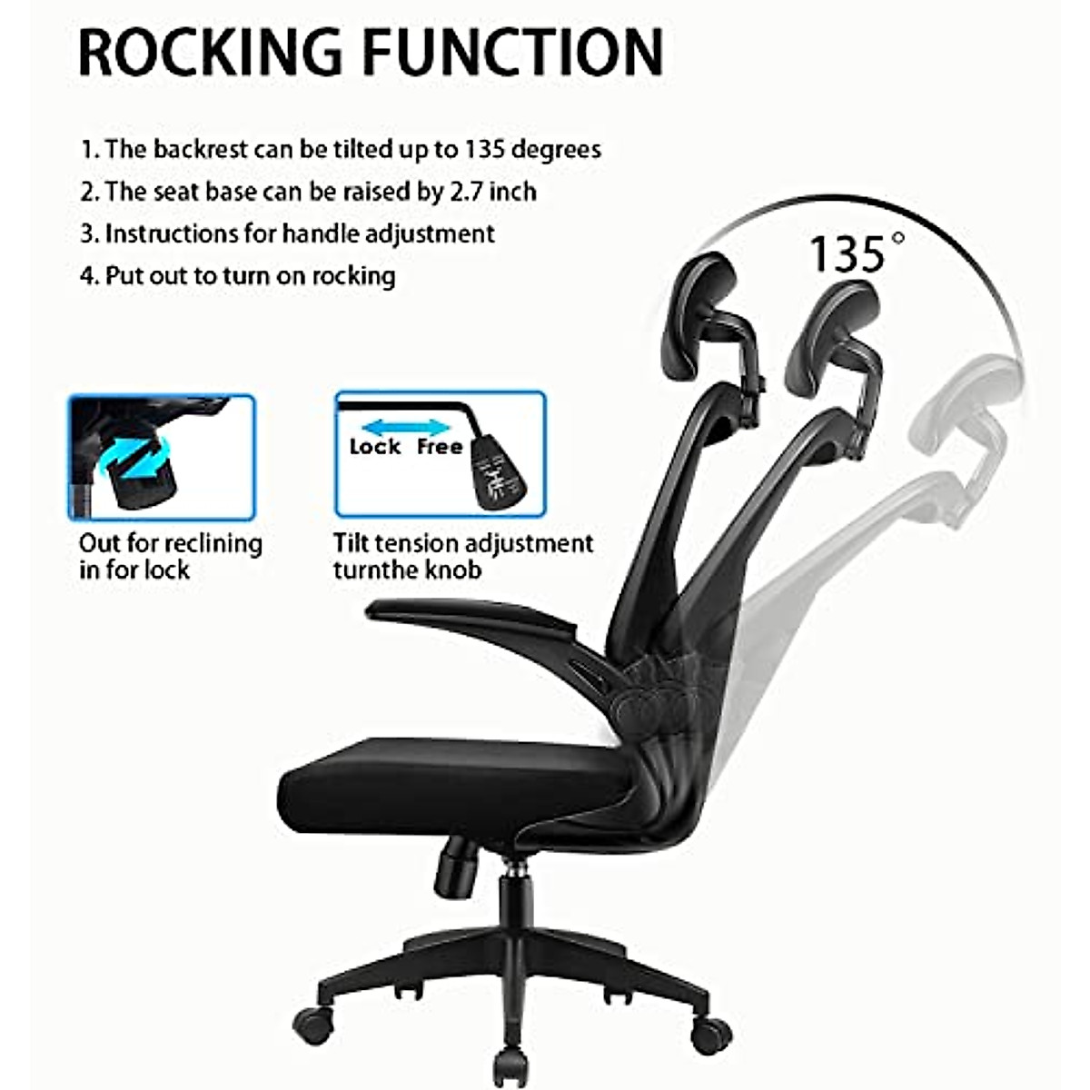 NOXXON Ergonomic Office Chair,Office Chair,High Back Tilt Ergonomic Home Office Desk Chair Black Adjustable Height Computer Chair with Flip Up Arms & Headrest & Lumbar Support & Rolling Wheels