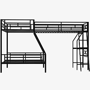 MERITLINE Metal L-Shaped Bunk Bed, Twin Over Full Bunk Bed with a Twin Loft Bed Attached,Triple Bunk Bed with Desk,3 Bed Bunk Beds with Guardrails and Ladder for Kids Teens Adults, Black