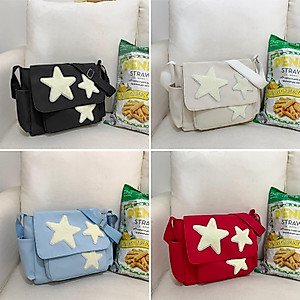 Glittery Star Pattern Y2K Messenger Bag, Stylish Spacious Aesthetic Tote for Travel, Work, and Shopping, Canvas Star Crossbody Hobo Bag (Black)