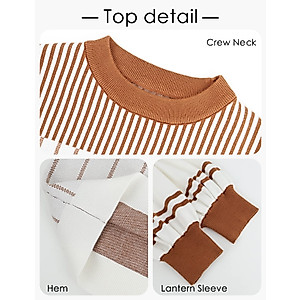 Gihuo Women' s Striped 2 Piece Outfits Crewneck Knit Pullover Sweater Shorts Set Wide Leg Matching Set Loungewear(Brown-M)