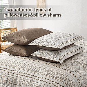 WONGS BEDDING 7 Pieces Brown Comforter Set Full Size,Boho Bed in a Bag Geometric Stripe Comforter Reversible Soft Microfiber Bedding Set with Pillowcases & Shams,Flat Sheet,Fitted Sheet