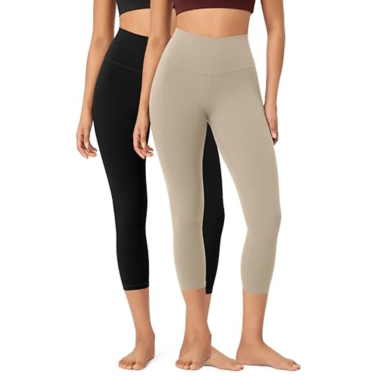 ODODOS ODCLOUD 2-Pack Buttery Soft Lounge Yoga Capris for Women 23" High Waist Non See Through Cropped Leggings, Black+Shaker Beige, X-Small