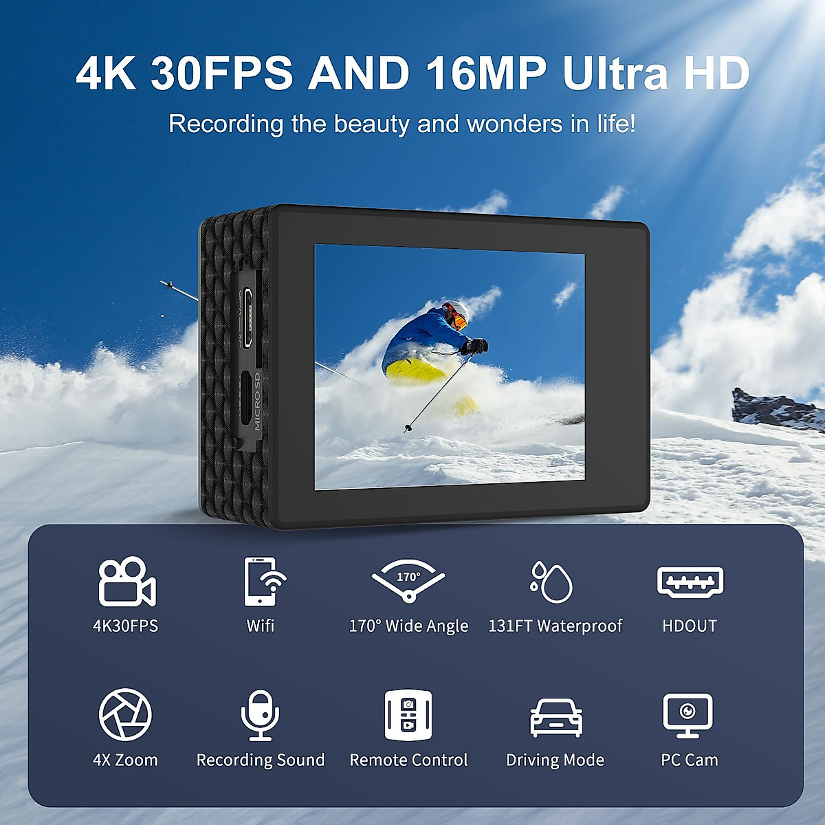 Waterproof 4K Action Camera Underwater 131FT, 4K 30FPS 16MP WiFi Ultra HD Video Camera for Vlogging Recording, Anti-shake Digital Sports Camera for Photography, Remote Control 4xZoom,170°Wide Angle