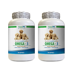 HAPPY PET VITAMINS LLC Dog Allergy Chews Itchy Skin - Dog Omega 3 - Healthy Skin Coat and Joints - Brain and Heart Health - Allergy Relief - Dog Omega Oil - 2 Bottles (360 Softgels)