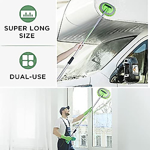 HIRALIY 2 in 1 Car Wash Brush, 62" Car Wash Mop with Long Handle, Chenille Microfiber Car Washing Mitt, Extension Pole Flexible Rotation Scratch Free, to Clean Trucks, RVs, Pickups, and Buses (Green)
