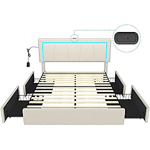 DICTAC Queen Bed Frame with LED Headboard and 4 Storage Drawers Upholstered Platform Bed Frame with USB Ports and Led Lights Modern Queen Size Led Bed Frame,Linen Fabric,No Box Spring Needed,Off White
