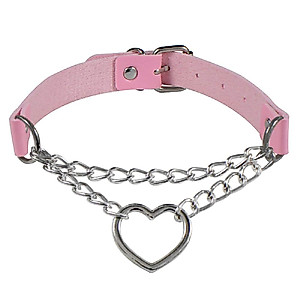 Gothic 7 Pcs Heart Round Circle Chain Detachable Pendant Leather Adjustable Choker Collar Cosplay Punk Necklace Set Halloween Costume Jewelry for Women Teens-pink