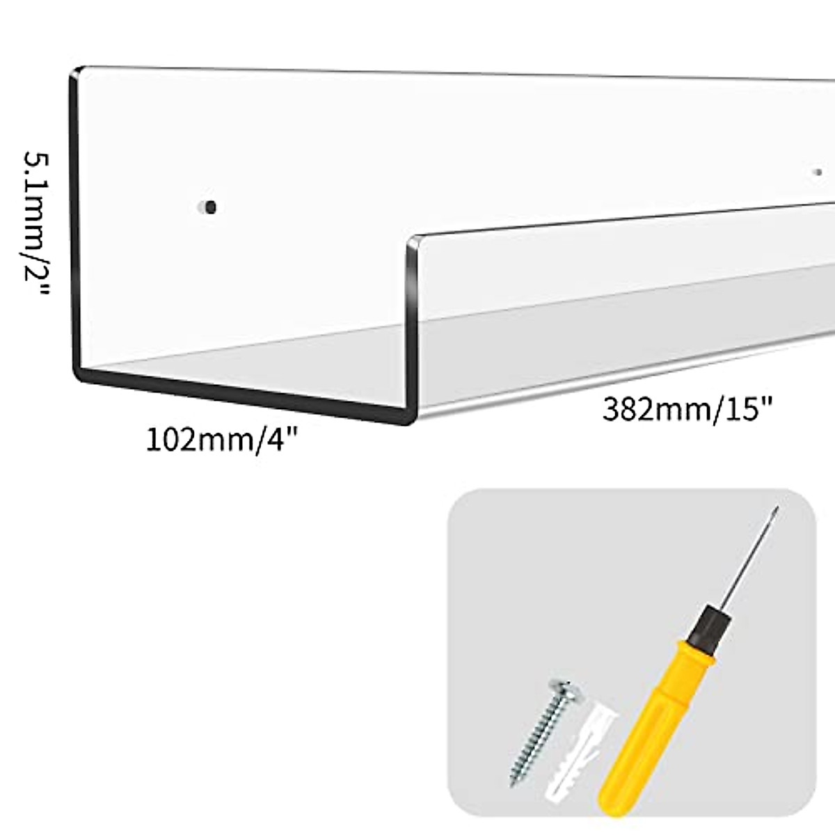SUMAIDA Floating Shelf, Clear Acrylic Shelf 15" Invisible Floating Shelves Wall Mounted, 4" Wide Wall Ledge Kid Bookshelf, Clear Vinyl Record Shelf, Acrylic Album Record Holder Display Rack (4)