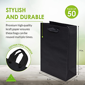 Prime Line Packaging 6x3x9 50 Pack Mini Black Gift Bags with Handles Small, Party Gift Bags, Kraft Paper Gift Bags Bulk for Small Business, Boutique