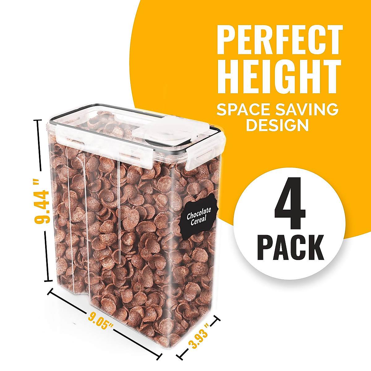 Generic UHS Cereal Containers Storage - 4-Piece Airtight Container Set, Transparent Food Organizers with Lids 4 Liter Reusable Labels & Marker, Clear