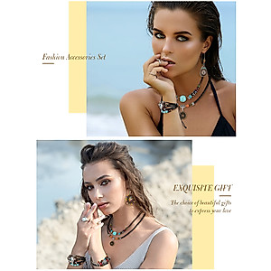 Hicarer 9 Pieces Bohemian Vintage Dangle Earrings Set Boho Retro Rhinestone Drop Earrings Multi-layer Beaded Leather Bracelet and Turquoise Bead Necklace Jewelry for Women