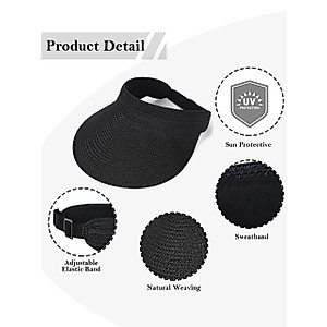 LA CARRIE Wide Brim Straw Visor for Women Sun Hat UV Protection Packable Beach Cap for Summer UPF 50+(Black)