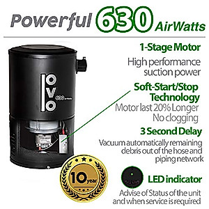 OVO, Black Compact and Powerful Central Vacuum System, Condo Vac, 630 Air Watts, Use with Disposable Bags, 18L or 4.75Gal