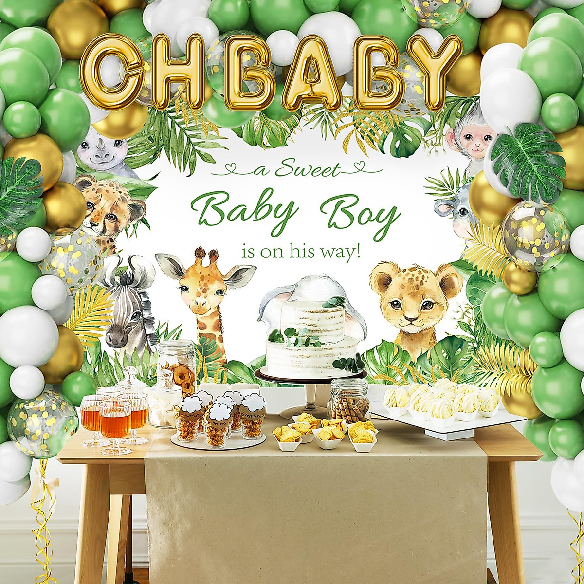 244PCS Jungle Safari Baby Shower Decorations include Plates, Cups, Napkins, Cutlery, Backdrop, Tablecloth, Palm Leaves, Balloon Garland Kit for Animal Themed Baby Boy Shower Decorations, Serves 24
